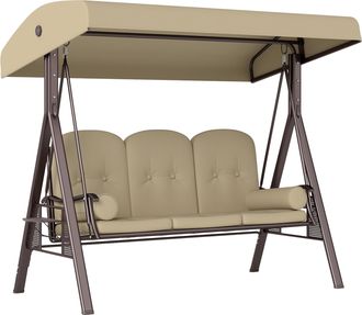 OUTSUNNY 3-Sitzer Hollywoodschaukel Gartenschaukel mit Sonnendach Kissen Metall Polyester Khaki 116 x 206 x 183 cm