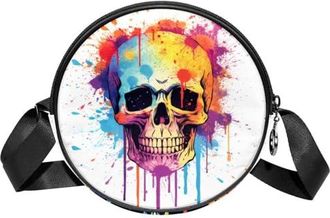 Generic Petit sac &agrave; bandouli&egrave;re circulaire pour femme, motif cr&acirc;nes, petit sac &agrave; dos &agrave; bandouli&egrave;re avec fermeture &eacute;clair, bretelles r&eacute;glables, sac &agrave; main rond