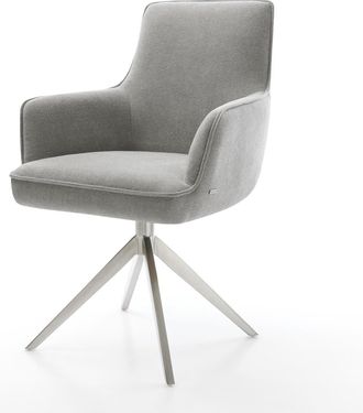DELIFE Drehstuhl Heira-Flex mit Armlehnen Strukturstoff Soft Grau Kreuzgestell breit Edelstahl 360° drehbar Wippfunktion Taschenfederkern, Esszimmerstühle
