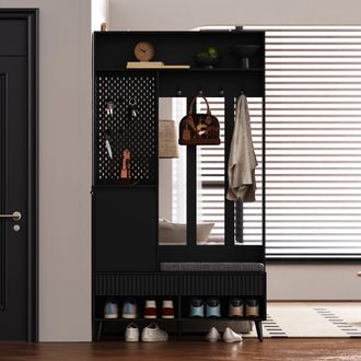 Generic Flurgarderobe Schwarz 100 cm Breit Garderobenset Gro&szlig; mit Lochwand & Sitzbank 2 Schubladen & 1 T&uuml;r Hall Tree Modern Pegboard Schuhschrank Kompaktgarde