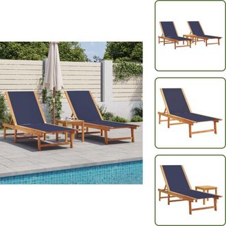 vidaXL Sonnenliegen 2 Stk. mit Tisch Blau Massivholz Akazie Textilene - Sonnenliegen - Gartenm&ouml;bel - Holz M&ouml;bel - Akzidenzholzm&ouml;bel - Outdoor Furniture