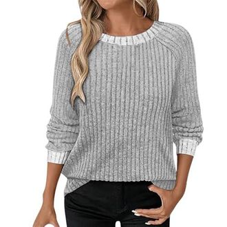 Generic Pull en tricot à manches longues pour femme - Col rond - Bloc de couleurs - Pull ample - Élégant - Pull côtelé - T-shirt à manches longues - Confortab
