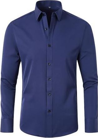 Generic Chemise élastique à manches longues pour homme sans repassage - Col à manches longues - Couleur unie - Bouton - Chemise colorée pour homme, bleu marin