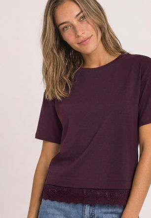 Street One T-Shirt STREET ONE, Damen, Gr. 34, lila (rustic rouge), Web, 97% Baumwolle, 3% Elasthan, unifarben, regular fit normal, Rundhals, normaler Saum, Shirt