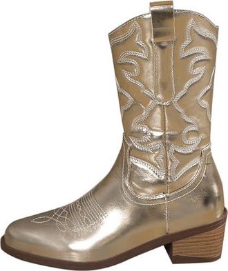 Generic Bottes de cowboy pour femmes brod&eacute;es mi-mollet bottines femmes &agrave; enfiler sur talon &eacute;pais mollet large mollet bottes de cowgirl &agrave; enfiler occidentales 