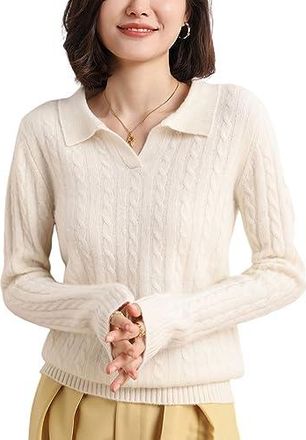 Dissa Pull Cachemire Femme Revers Ecru Torsade Tricoté en Vrac Manches Longues épais Pull en Cachemire et Laine,44,DF8025