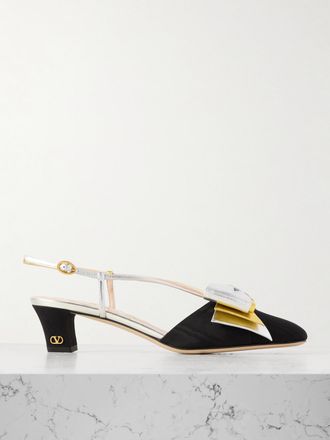 Valentino Garavani Bowow 45 Slingback-pumps Aus Zweifarbigem Metallic-leder Und Moir&eacute; - Schwarz