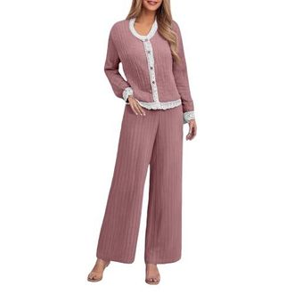 Generic Ensembles c&ocirc;tel&eacute;s &agrave; manches longues pour femmes, pyjamas c&ocirc;tel&eacute;s pour femmes, ensembles dint&eacute;rieur en coton, col rond, chemisiers &agrave; manches longues et