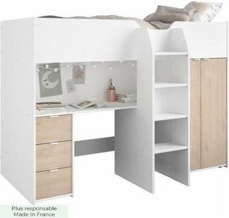 Parisot Lit combin&eacute; mezzanine enfant - tom - Blanc et chene - Armoire, bureau et sommier inclus