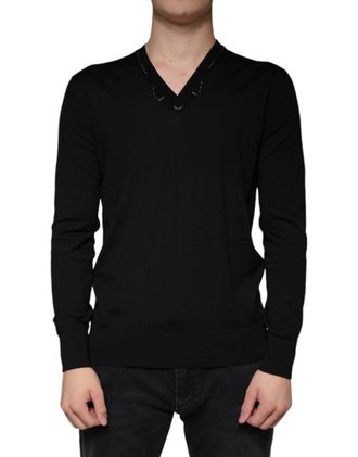 Dolce & Gabbana Mens Embellished V-Neck Virgin Wool Sweater Black