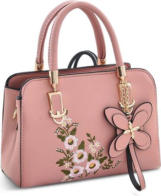 Nicole & Doris Elegante Handtasche Schultertasche Damen Klein Henkeltasche mit Stickerei Blume Frauen Umh&auml;ngetasche PU Leder Crossbody Bag Rosa