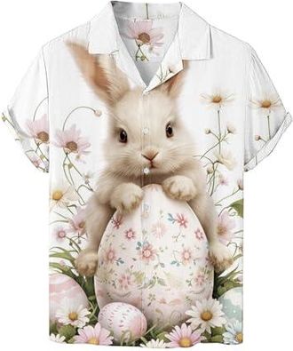 Generic HUIFUAO Chemise de Pâques pour homme avec poche motif oeufs de lapin et lapin, boutonnée, manches courtes, haut de plage hawaïen pour adulte, Z12 Blan