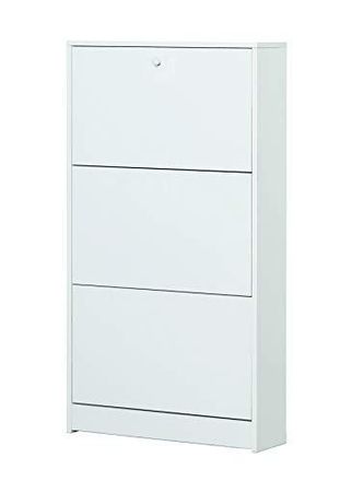 Dmora Schuhschrank mit drei Türen mit Holzklappe, weiße Farbe, 62 x 18 x 114 cm