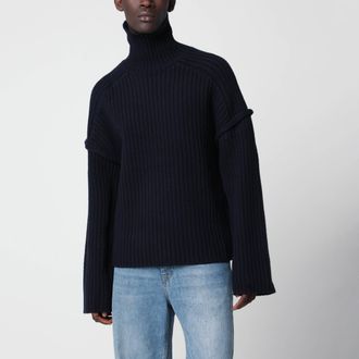 S&eacute;fr Dark navy blue ribbed wool turtleneck sweater