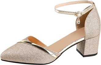 Generic Femmes Bas Talon Carré Bride À La Cheville Sandale Bureau Dames Bout Pointu Chaussures Talons Chunky Demi Semelles Chaussures (Gold, 39)
