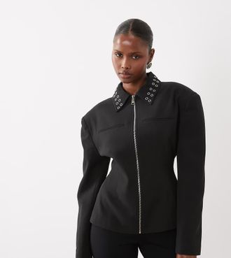 KAIIA exklusive taillierte Jacke mit Taillenbetonung, &Ouml;senkragen-Detail und Schulterpolstern in Schwarz
