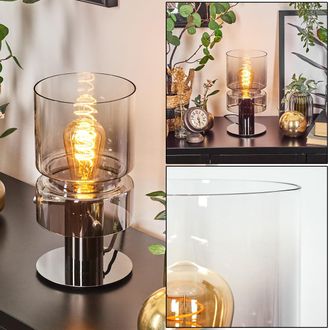 HOFSTEIN Tischleuchte Hasvik, Tischlampe aus Metall/Glas in Schwarz/Chrom/Rauchfarben/Klar, moderne Leuchte im Retro/Vintage-Design mit Glasschirm (Ø 15 cm), E