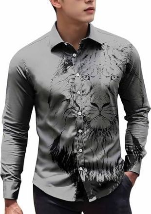 Generic Chemise &agrave; manches longues pour homme, coupe ajust&eacute;e, imprim&eacute; 3D, tendance, chemise daffaires, col &agrave; revers, chemise formelle, extensible dans les 4 se