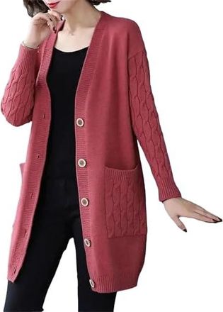 Generic Cardigan dhiver vintage r&eacute;tro tricot&eacute; avec col en V et poches unies pour femme, Rouge, Taille XS