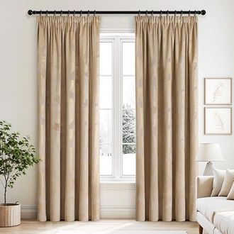 Miulee Rideaux Velours avec Motif de Feuille doré, Rideau Velour Beige à Galon Fronceur Rideau Opaque Isolant Thermique Anti Froid, Rideaux Fenetre Chambre S