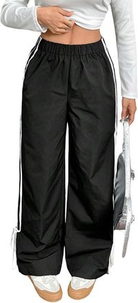 SOLY HUX Damen Hose Y2K Gerades Cargohose Freizeithose Weites Bein Track Pants Seitenstreifen Streetwear mit Elastische Taille Schwarz L