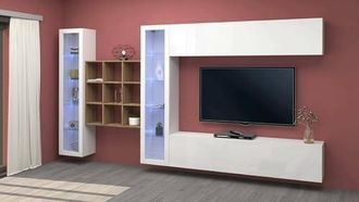 Dmora Ausgestattete Wand Gustavo, 4-t&uuml;riges TV-St&auml;nder-Wohnzimmerset, Mehrzweck-Wohnzimmerm&ouml;bel mit Vitrine und LED-Licht, 100% Made in Italy, 350 x 30 x 18