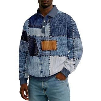 Generic Polo à manches longues pour homme - Col Henley - Style décontracté - Motif floral - Pour le tennis, le golf, 3 Bleu, 3XL