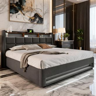 Generic Polsterbett mit USB 180x200cm,LED Doppelbett mit Lattenrost aus Metallrahmen,Bettgestell aus Leinenmaterial Jugendbett (Ohne Matratze)