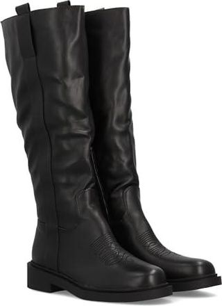 Shoes & Blues Botte haute pour femme avec détails brodés avant, panneaux élastiques et semelle plate. Idéale pour la saison automne., Noir, 38 EU