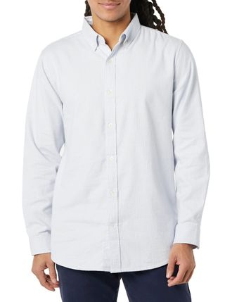 Amazon Essentials Herren Langarm-Hemd aus Stretch-Oxford mit schmaler Passform, Puderblau Vertikale Streifen, L