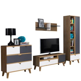 Mirjan24 Wohnwand Memone I, Stilvoll Wohnzimmer-Set, Elegante Wohnm&ouml;bell, Wohnzimmer Kollektion, Wandregal, Kommode, Regal, TV-Lowboard (Eiche Gold/Graphit + W