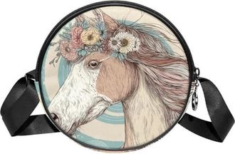 Generic Sac &agrave; bandouli&egrave;re rond pour femme, motif couronne de fleurs, cheval, petit sac &agrave; bandouli&egrave;re avec fermeture &eacute;clair, bretelles r&eacute;glables, sac &agrave; main ro