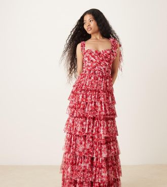 Lace & Beads Petite Robe longue en tulle imprim&eacute; fleuri &agrave; bretelles nou&eacute;es - Rouge/rose-Vert