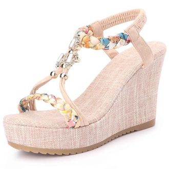 Allegra K Sandales boh&egrave;me &agrave; talon compens&eacute; &agrave; enfiler pour femme, dor&eacute;, 37 EU