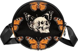Generic Sac &agrave; bandouli&egrave;re rond pour femme, motif t&ecirc;te de mort papillon, petit sac &agrave; dos &agrave; bandouli&egrave;re avec fermeture &eacute;clair, bretelles r&eacute;glables, sac &agrave; main r