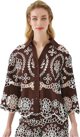 Access Fashion Access Fashion, Femme, Blouses et Chemises, Brun, Taille: 38/40 FR Camicia in sangallo ricamo a contrasto