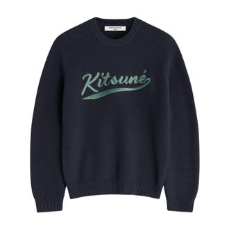 Maison Kitsun&eacute; Kitsune Varsity Embroidered Mesh Jumper - - Knitwear - Herren - Blau - M