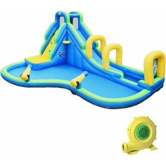 Costway H&uuml;pfburg mit Geblaese Wasserrutsche Spielpool Aufblasbare, Wasserspielcenter mit Rutsche, Wasserpark aufblasbar, Planschbecken 478x366x242cm - Costway