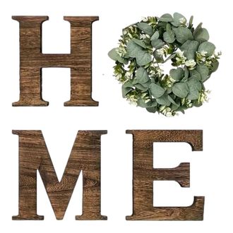 Generic Rustikales Holzschild - Wohnschild, Wanddekoration, Holzbuchstaben mit k&uuml;nstlichem Eukalyptuskranz | Bauernhaus-Wandkunst f&uuml;r Eingangsbereich, K&uuml;che, 