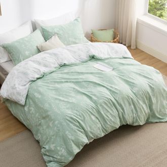 Bedsure Bettw&auml;sche 200x200 3teilig Bettbezug - Bettw&auml;sche-Sets 200 x 200 cm mit 2 Kissenbez&uuml;ge 50x75 cm, &Ouml;KO-TEX Wendebettw&auml;sche Bedding Salbeigr&uuml;n Blumen f&uuml;r