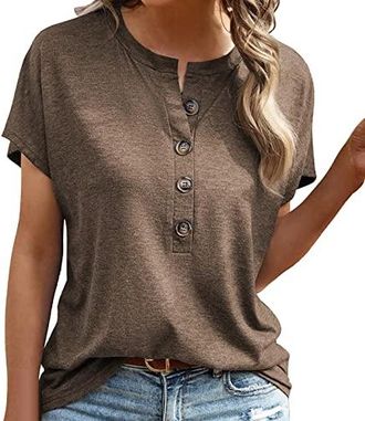 Generic T-shirt pour femme - Col en V avec boutons - Manches courtes - T-shirt basique d&eacute;t&eacute; - Coupe ample - &Eacute;l&eacute;gant - Stretch - D&eacute;contract&eacute; - Couleur unie, ma
