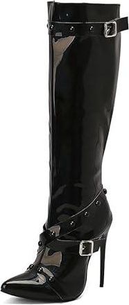 Generic Bottes d&eacute;quitation montantes pour femme avec sangle &agrave; boucle clout&eacute;e et fermeture &eacute;clair lat&eacute;rale, bout pointu, talons aiguilles, robe dhiver, Noir, 3