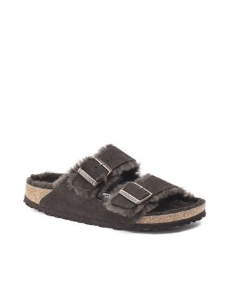 Birkenstock Womens Shearling Slippers Arizona Mocha Suede Leather Flat Shoes