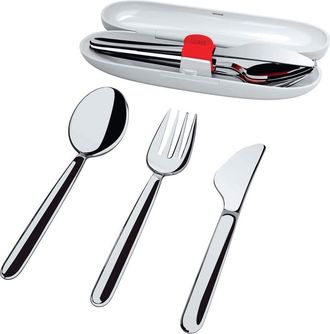 Alessi Food à porter SA04S3 G, Reisebesteck: Löffel, Gabel, Messer aus Edelstahl 18/10. Etui aus thermoplastischem Harz, grau