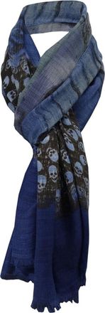 TigerTie Schal blau dunkelblau dunkelbraun grau lila gr&uuml;n gemustert mit Totenkopf-Motiven - Gr&ouml;&szlig;e 180 x 95 cm