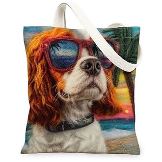 Generic Sac fourre-tout en toile motif &eacute;pagneul printanier d&eacute;t&eacute; pour faire du shopping, 33 x 38,1 cm, sac r&eacute;utilisable &agrave; motif imprim&eacute; de chiot c&ocirc;tier pour fe