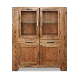 Strong Cosmetics Vitrinenschrank Vitrine Schrank naturfarben 116 x 149 x 44 cm mit 4 T&uuml;ren und 2 Schubladen ge&ouml;lt Massivholz