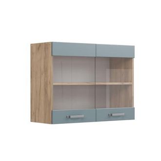 Vicco Meuble de Cuisine Haut vitr&eacute; R-Line, Bleu-Gris/Ch&ecirc;ne de Force dor&eacute;, 80 cm
