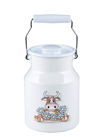 Riess 0506-084, Milchkanne mit Deckel 1,50 L, COUNTRY - ALMLIESEL, Höhe 19,5 cm, Inhalt 1,5 Liter, Emaille, weiß mit Kuh