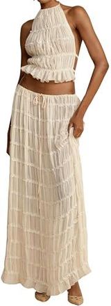 Generic Ensemble de 2 jupes longues d&eacute;t&eacute; pour femme, dos nu en dentelle, haut court, v&ecirc;tements de plage, jupes longues &agrave; volants fluides, abricot, XS